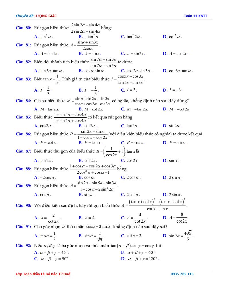 Giải Bài Toán Chuyên Đề Công Thức Lượng Giác Môn Toán 11 Định Hướng Cấu Trúc Mới - Phương Pháp ...